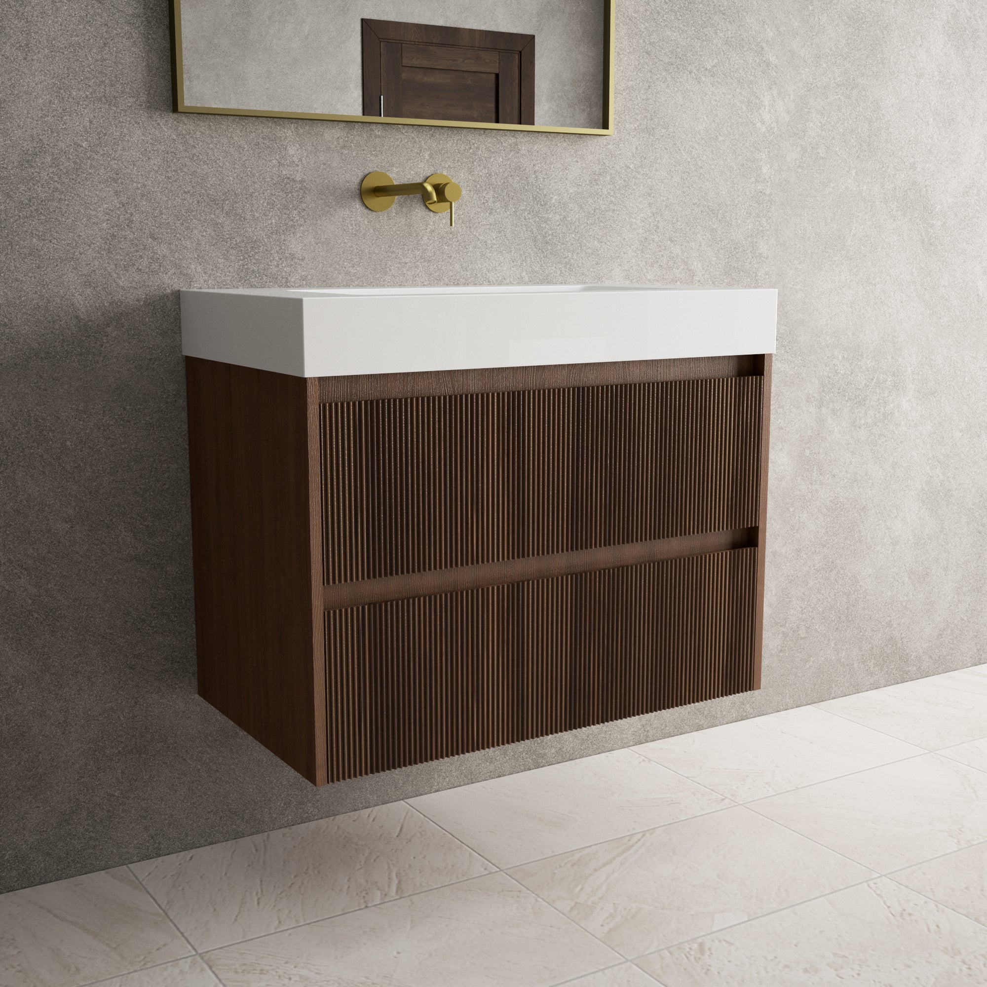 Scanalato Double Drawer Vanity Unit Bloc Basin Walnut 800mm | 34 St ...