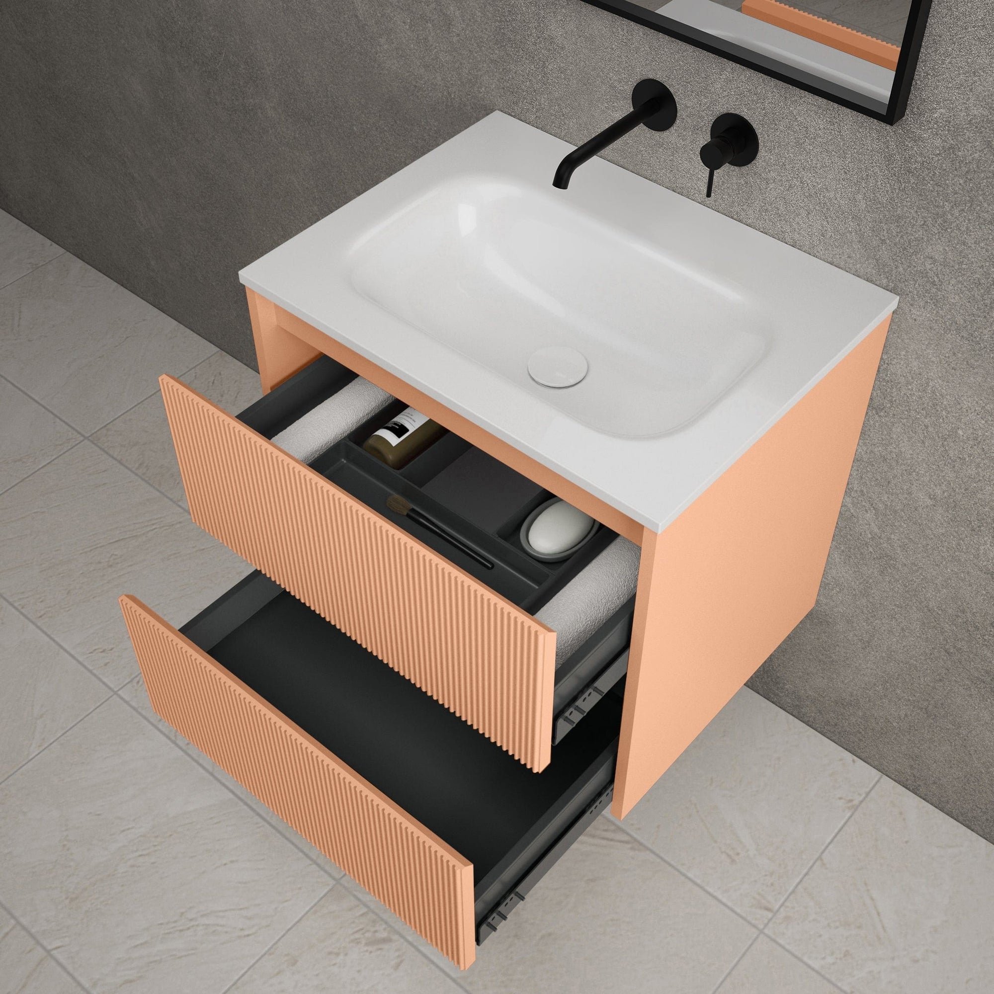 Scanalato Double Drawer Vanity Unit With Beyondstone Basin Peach Fuzz 600mm