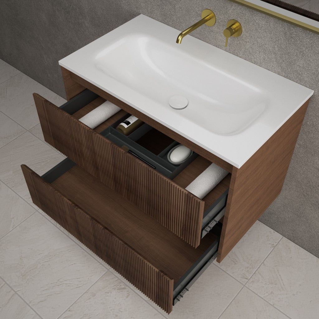 Scanalato Double Drawer Vanity Unit With Beyondstone Basin - Walnut ...
